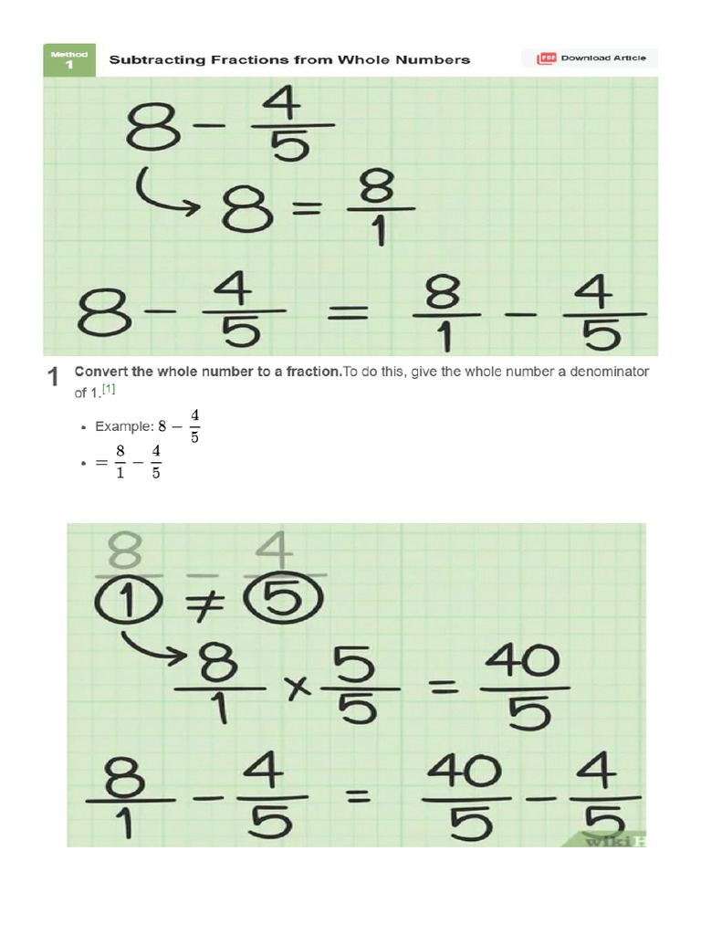 Subtraction Fraction from Whole Numbers | PDF