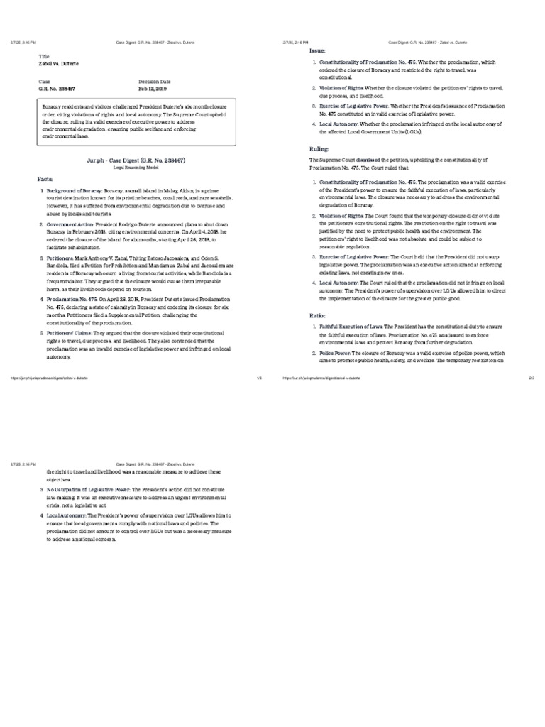 Case Digest - G.R. No. 238467 - Zabal vs. Duterte | PDF | Freedom Of Movement | Government