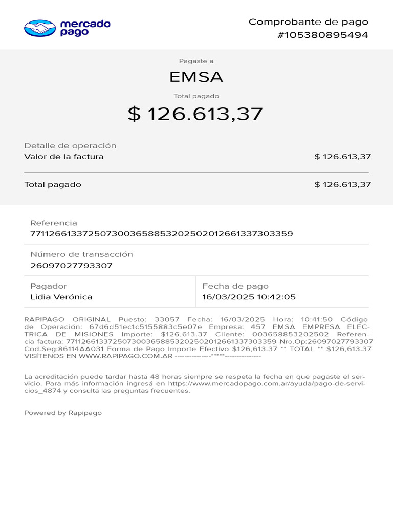 Comprobante de Pago EMSA - $126,613.37 | PDF