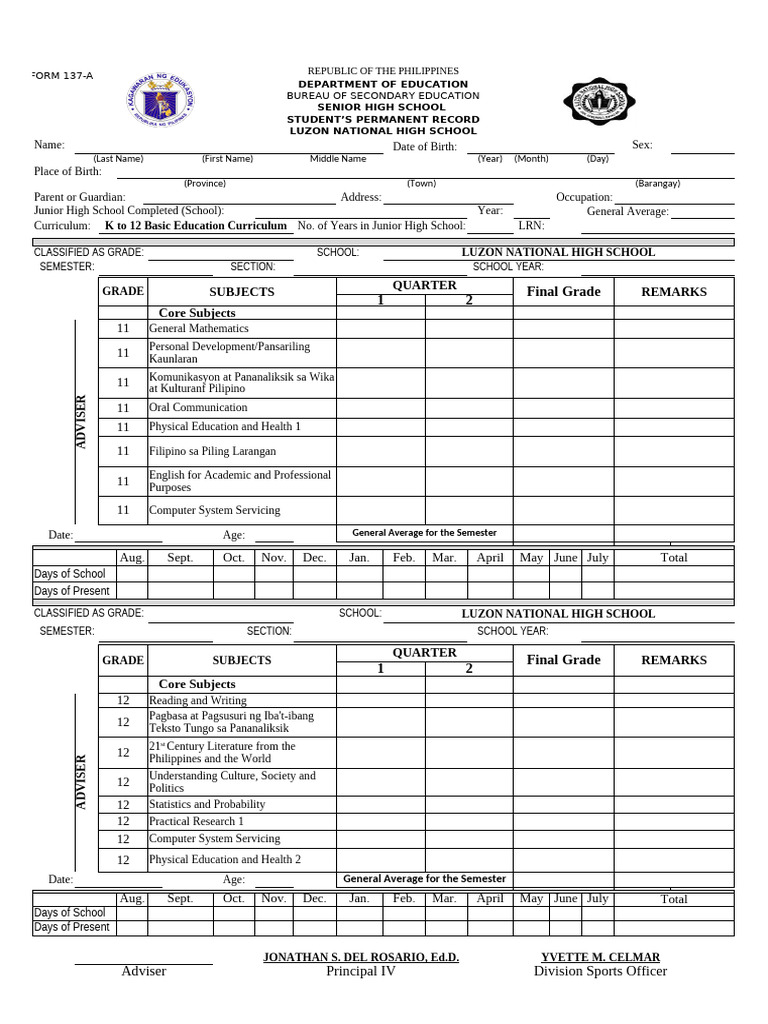 K 12 Blank Form Senior High | PDF | Middle Schools