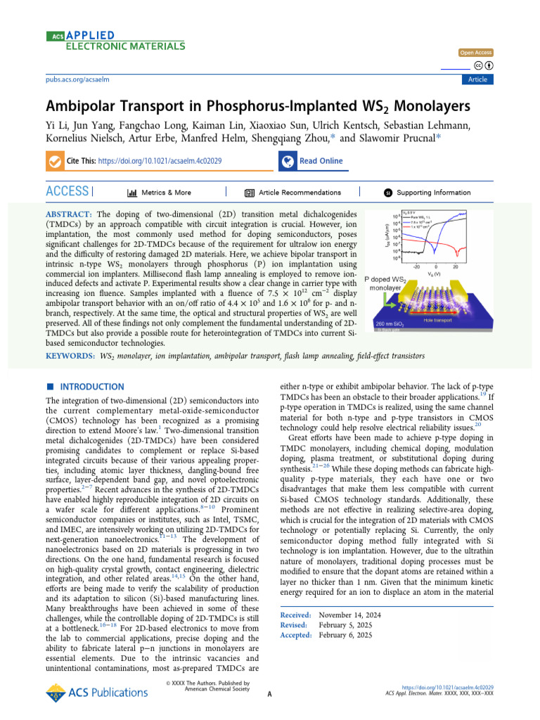 Ambipolar Transport in Phosphorus-Implanted WS2 Monolayers | PDF ...