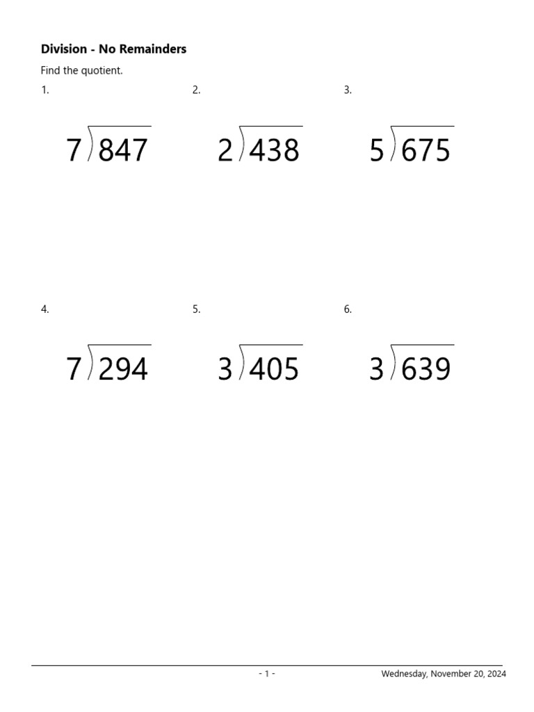 3-Digit by 1-Digit Division - No Remainders | PDF