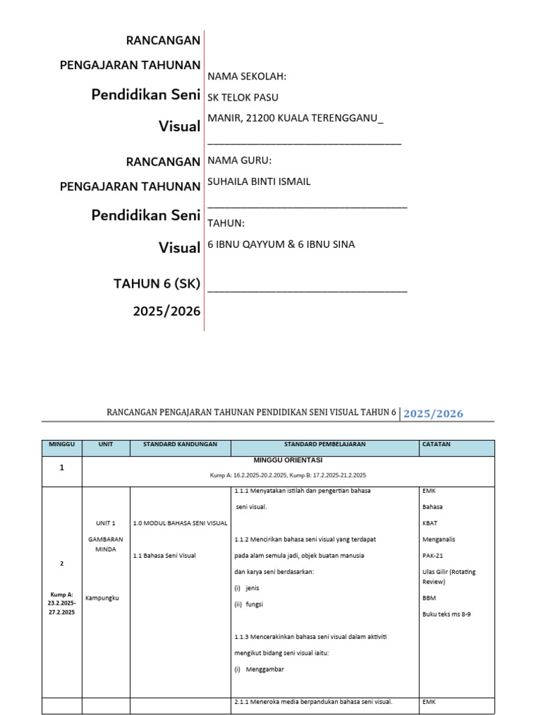 RPT PSV THN 6 (SK) 2025-2026 | PDF