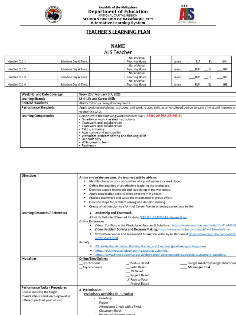 DLP Week 22 LP Life Skils Leadership Teamwork 2 | PDF | Learning ...