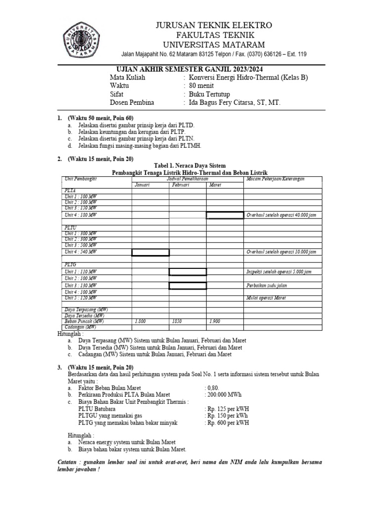 Soal UAS Konversi Energi Hidro-Thermal Kelas B_2023_2024 - Ida Bagus Fery Citarsa | PDF