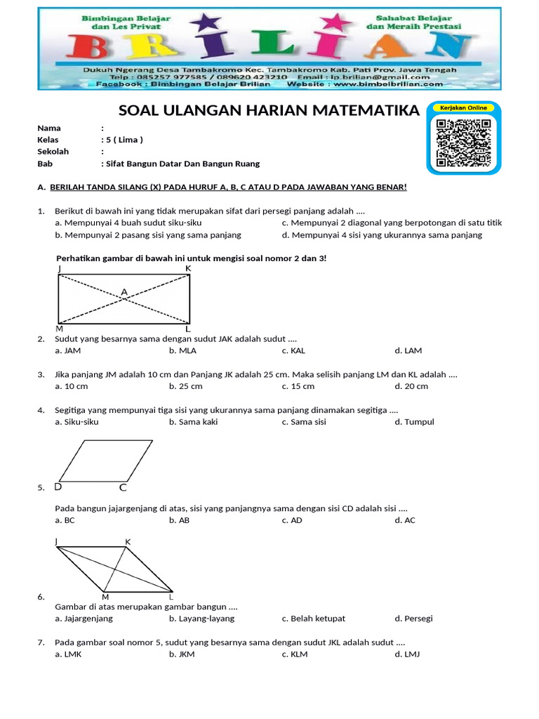Soal Matematika Kelas 5 SD Bab 7 Sifat Bangun Datar Dan Bangun Ruang Dan Kunci Jawaban | PDF
