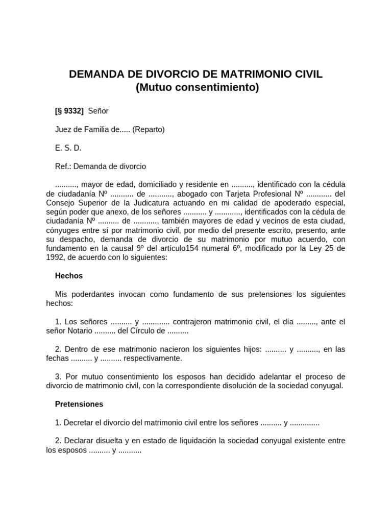 Demanda de Divorcio de Matrimonio Civil (Mutuo Consentimiento) | PDF | Divorcio | Propiedad de ...