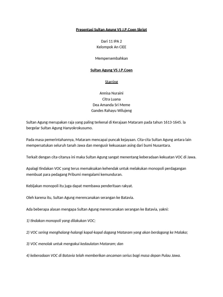 Presentasi Sultan Agung VS JP COeh skript | PDF