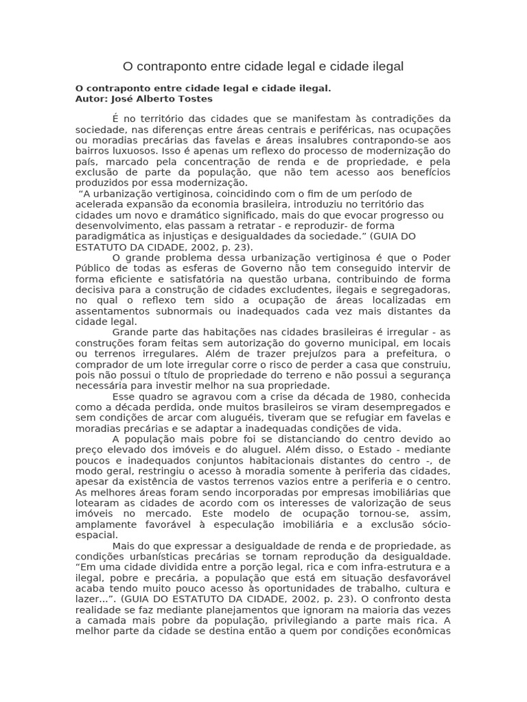 Cidade Legal vs. Cidade Ilegal: Desigualdade Urbana | PDF | Favela ...