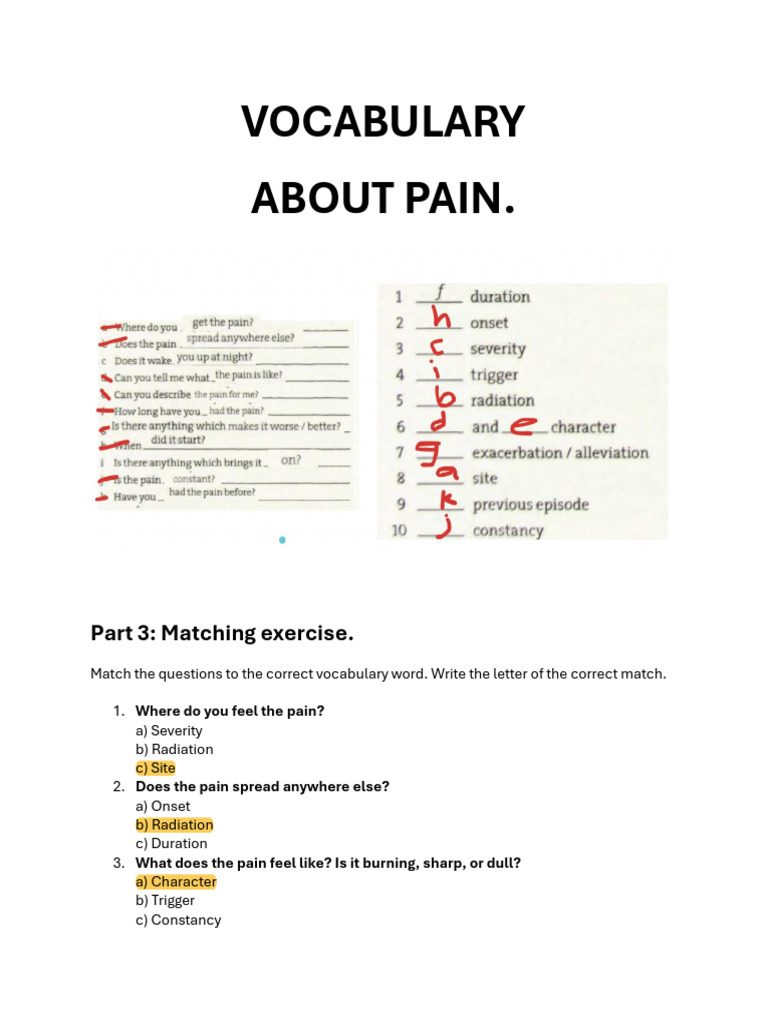 Pain Vocabulary Matching Exercise | PDF