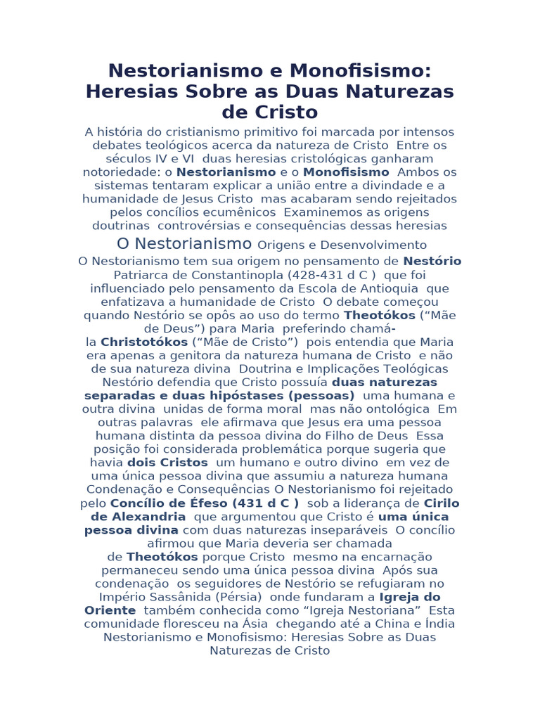 NnnnnnNestorianismo e Monofisismo Heresias Sobre as Duas Naturezas De ...
