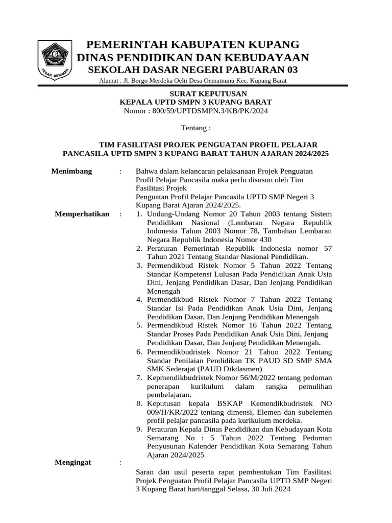 Tim Fasilitasi P5 SMPN 3 Kupang Barat 2024 | PDF