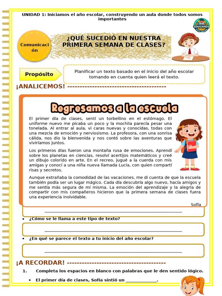 U1-Ficha-D5-Com-Qué Sucedió en Nuestra Primera Semana de Clases | PDF