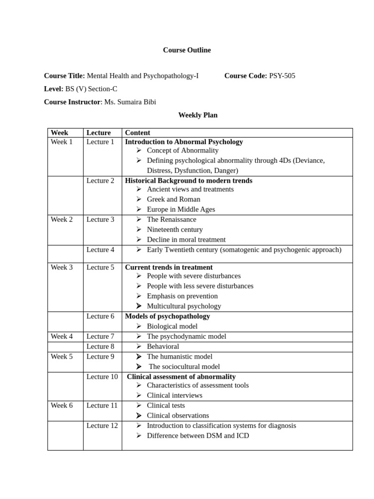 PSY-505 Mental Health Course Outline | PDF | Mental Disorder | Clinical ...