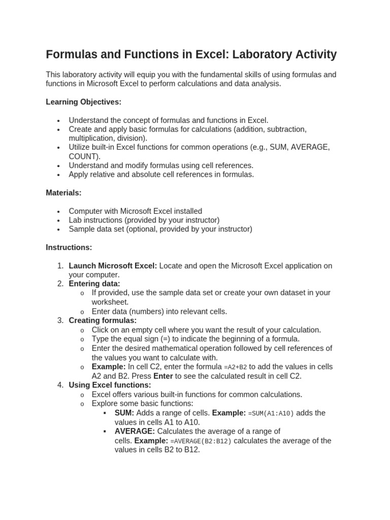 Excel Formulas and Functions Lab Guide | PDF | Microsoft Excel | Formula