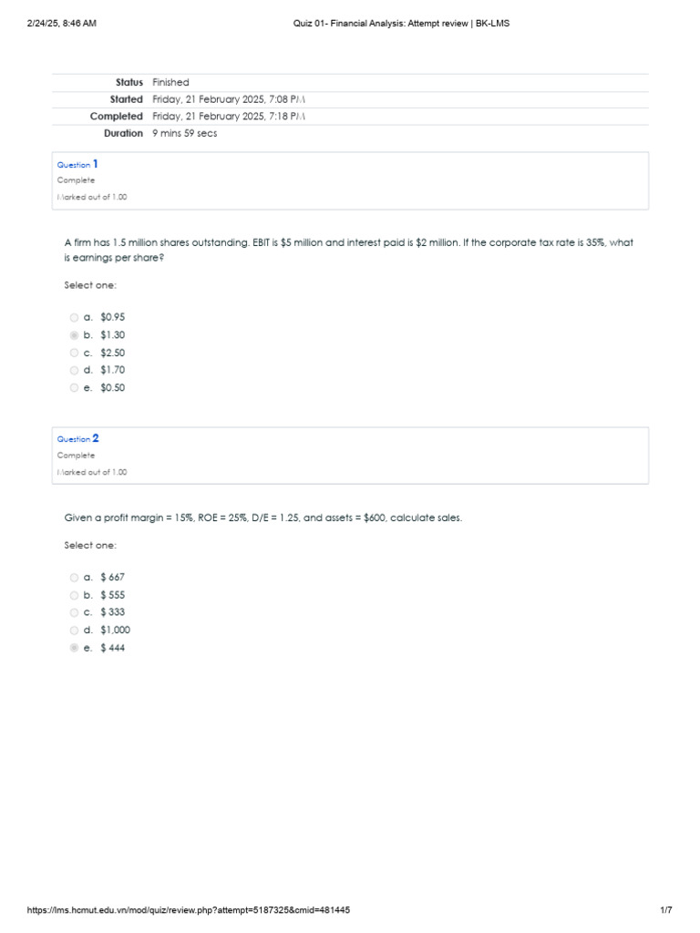Quiz 01 - Financial Analysis - Attempt Review - BK-LMS | PDF | Equity (Finance) | Expense