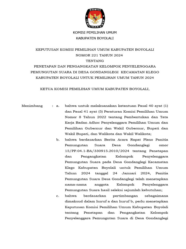 Format SK Penetapan - Pengangkatan KPPS - PPS Desa Gondanglegi | PDF