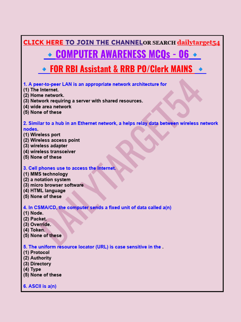 Computer Awareness MCQs - 06 (By Dailytarget54) | PDF | Computer Network | Random Access Memory