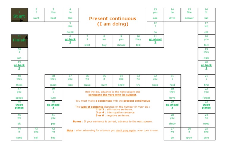 Present Continuous Verb Game Guide | PDF | Language Arts & Discipline