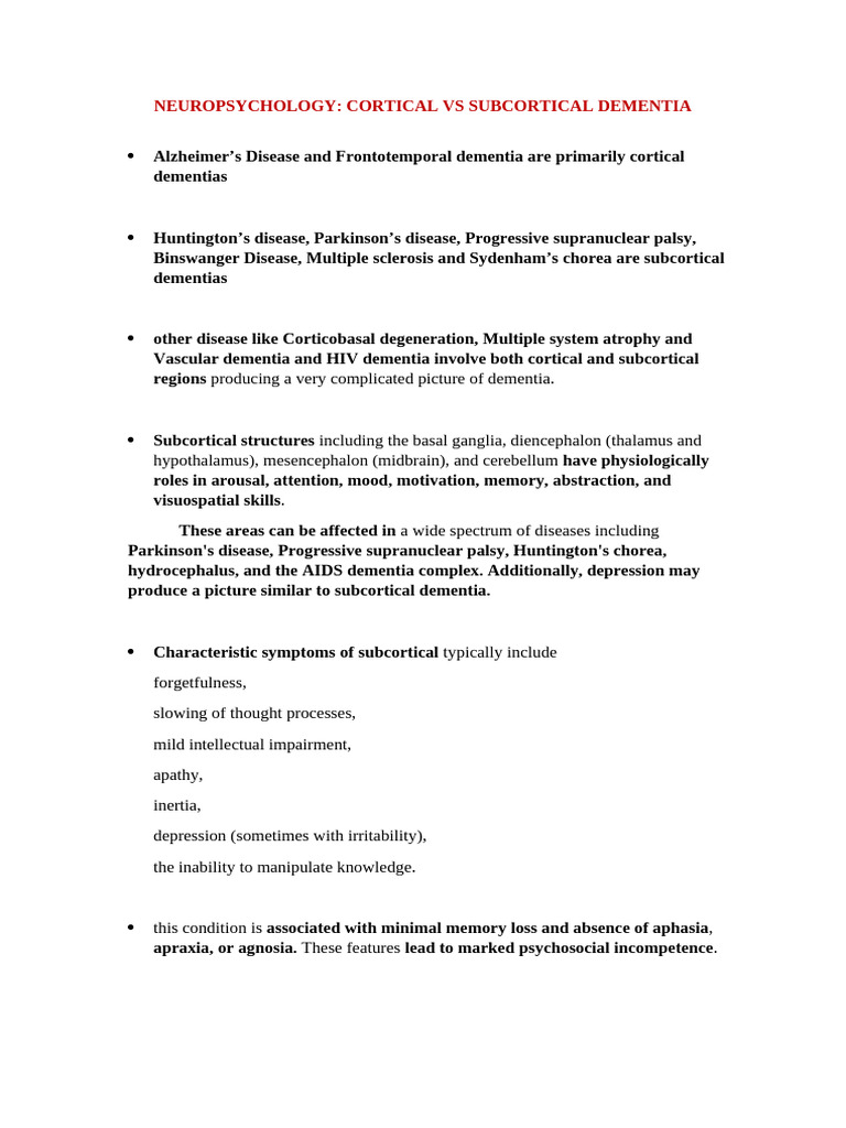 Neuropsych Profile of Cortical and Subcortical Dementia and Thalamic ...