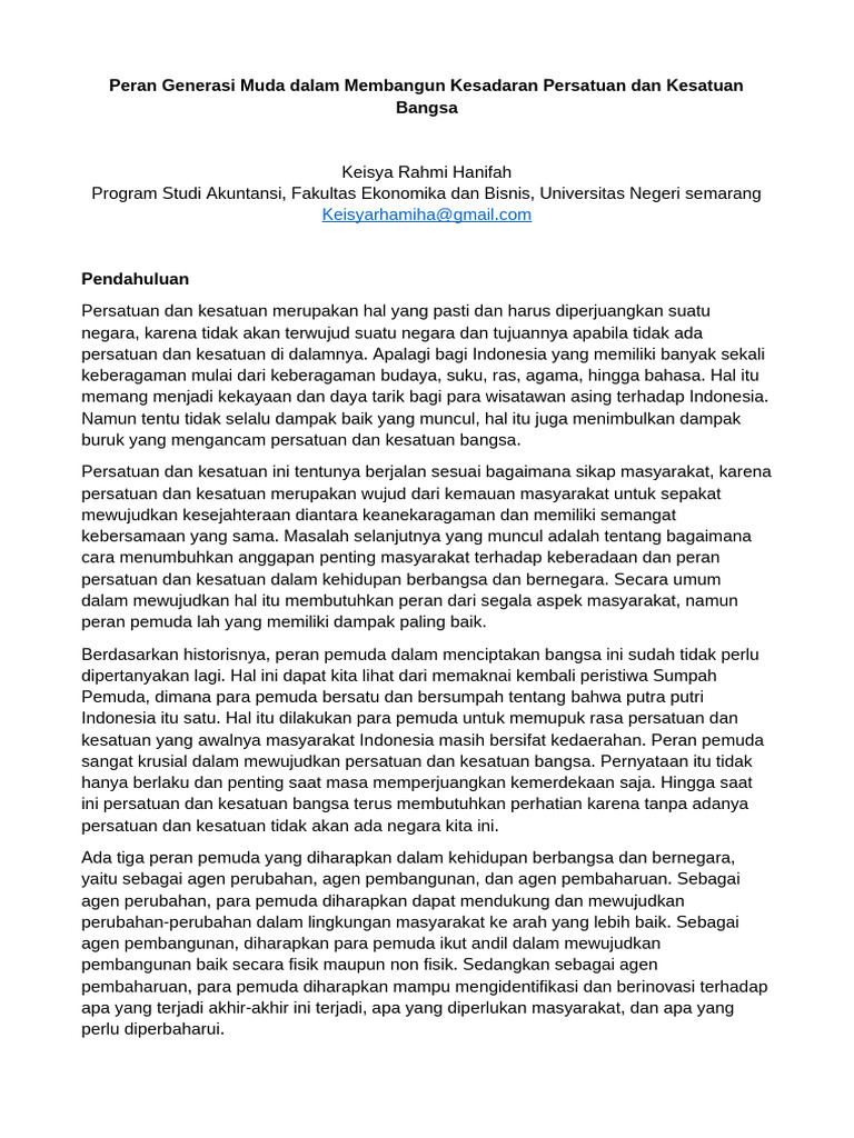 Peran Generasi Muda Dalam Membangun Kesadaran Persatuan Dan Kesatuan Bangsa | PDF