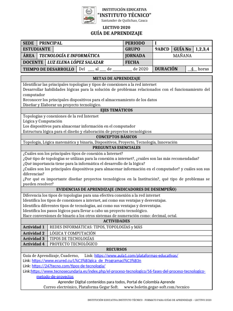 Fomto Guia de Aprendi - Instec - 2020 9S | PDF | Red de computadoras | Topología de la red