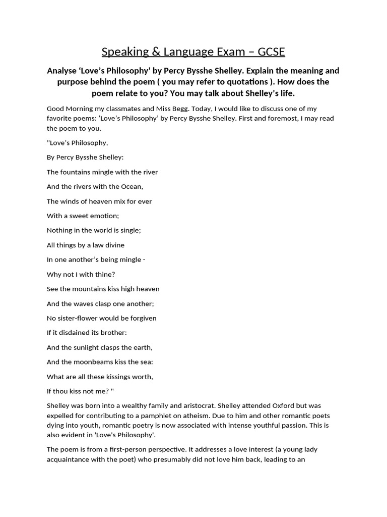 SpeakingExamGCSE - YoussefM - Love's Philosophy | PDF | Percy Bysshe ...