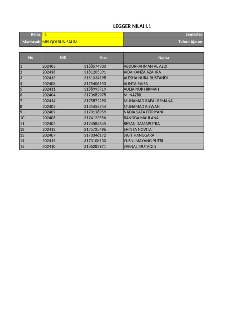Legger Nilai Kelas I.1 | PDF