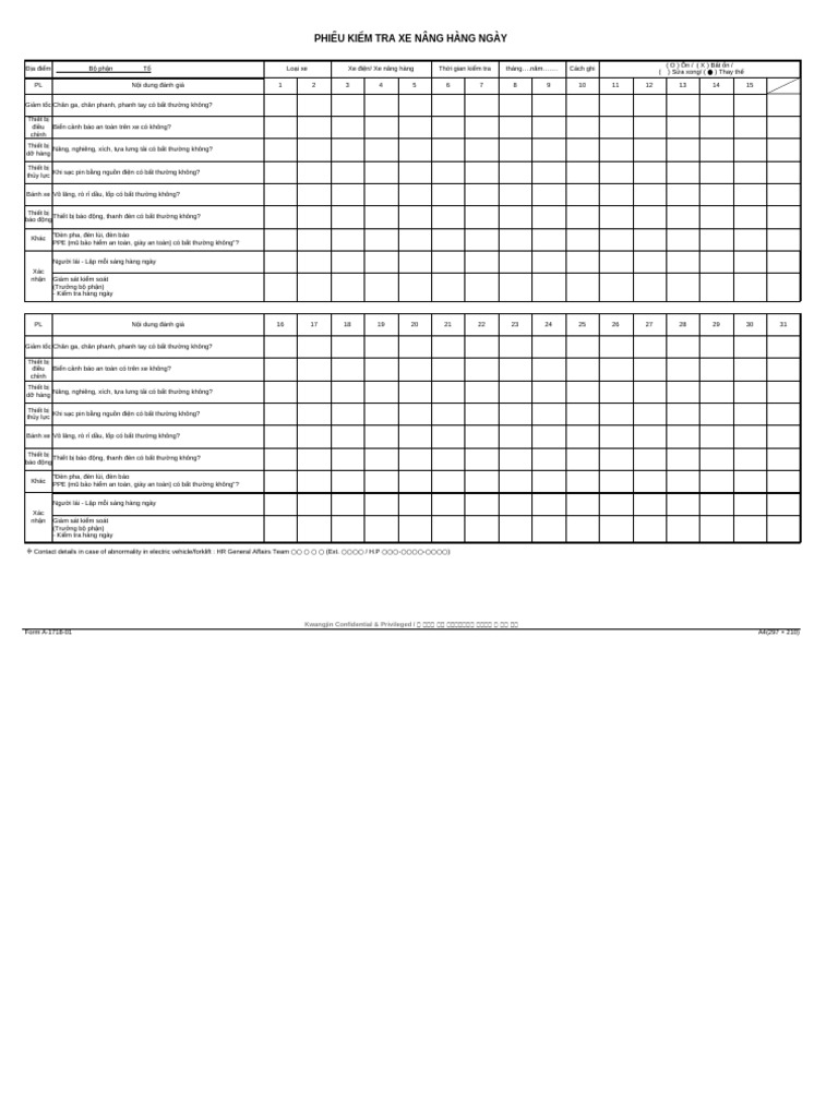 Checksheet Xe Nâng - 2025 | PDF