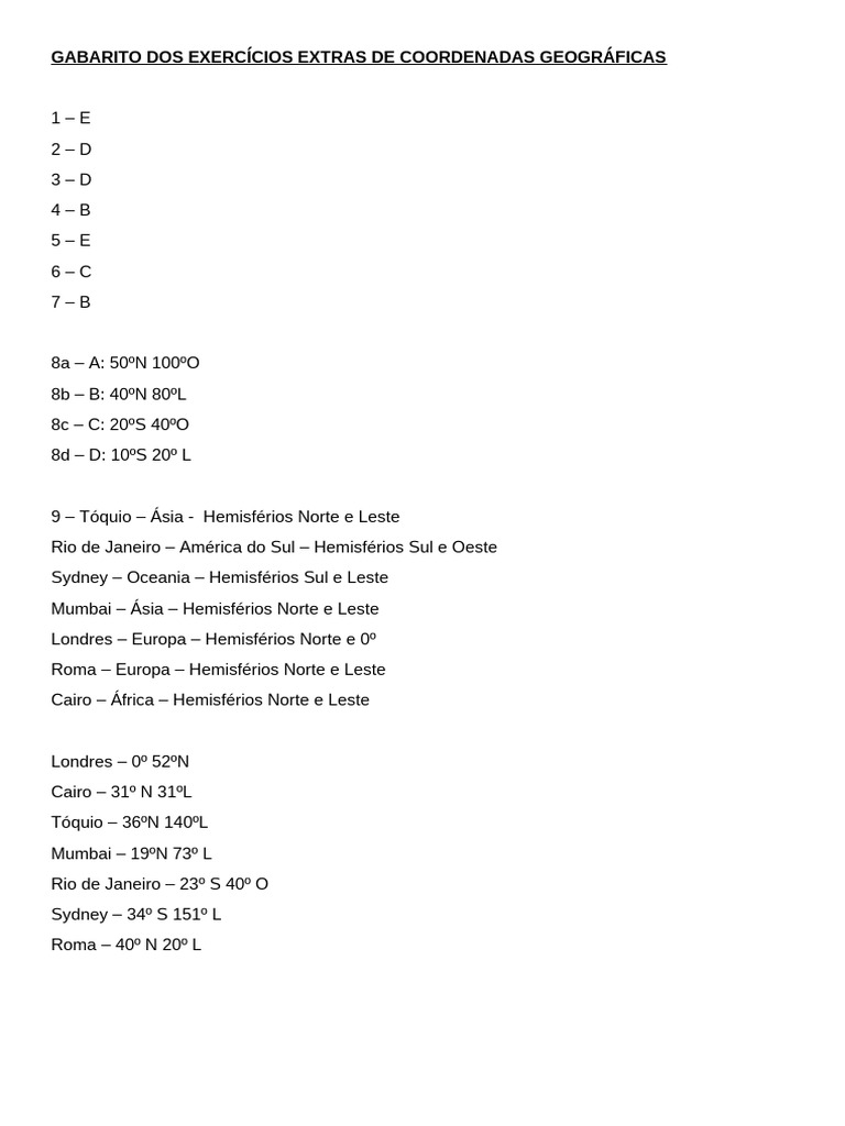 Gabarito De Exercícios De Coordenadas Pdf