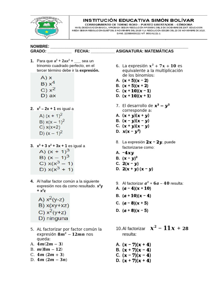 Examen Final Segundo Periodo GRADO 8 | PDF | Factorización | Matemática Elemental