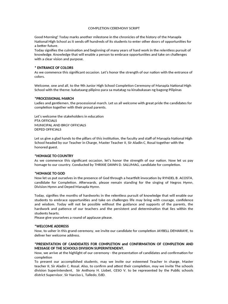Completion Ceremony Script | PDF