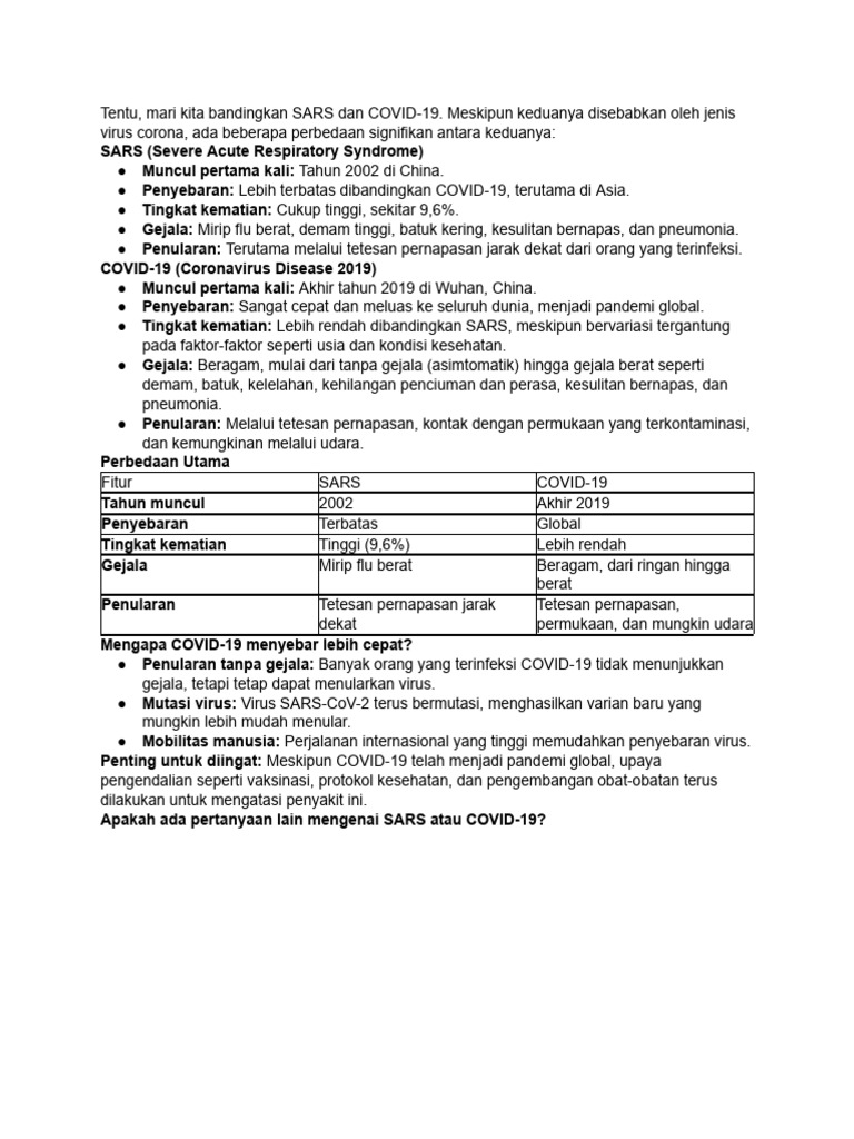 Perbedaan Sars Dan Covid | PDF