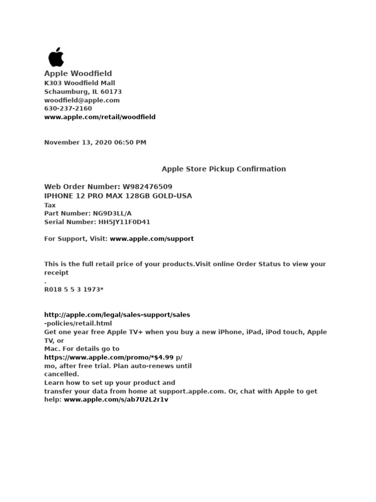 Apple Store Pickup Confirmation | PDF