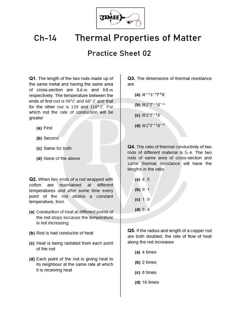 Thermal Properties of Matter Practice Sheet | PDF | Thermal Conduction ...
