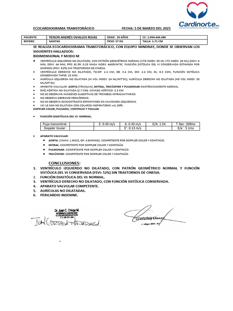 Ecocardiograma Transtorácico de Yeison Ovalos | PDF | Corazón | Sistema cardiovascular