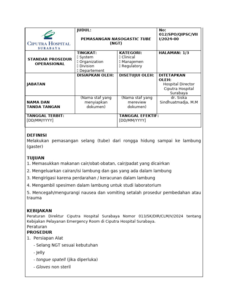 Panduan Pemasangan Nasogastric Tube | PDF