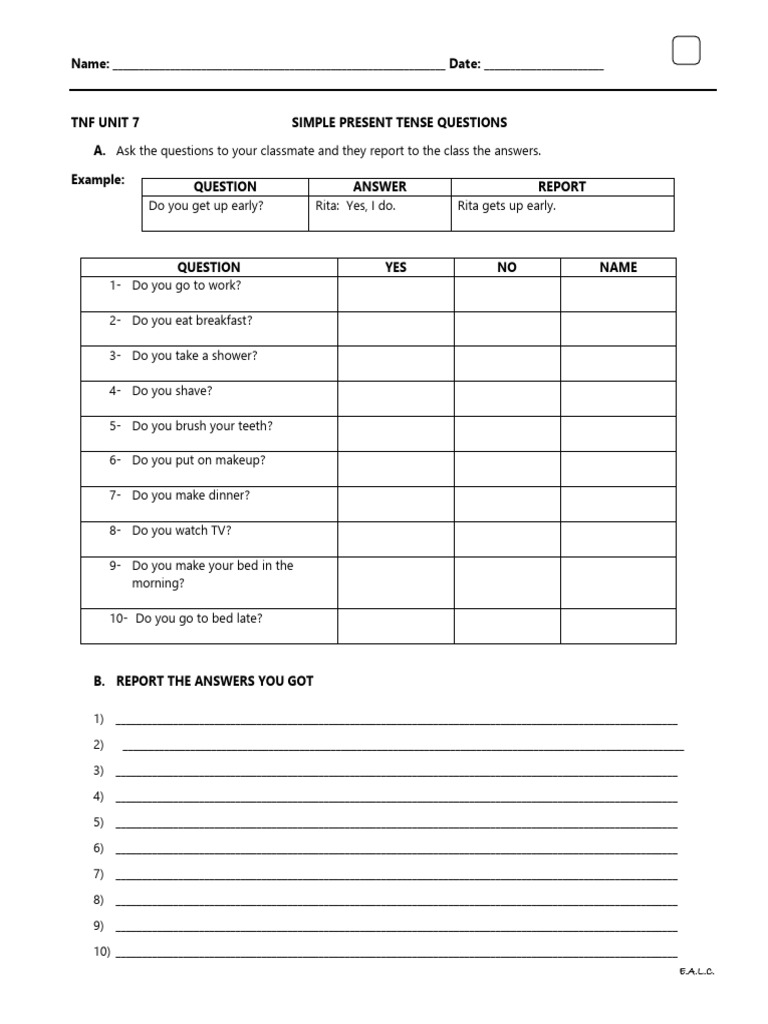 Unit 7 Simple Preset Tense Questions | PDF