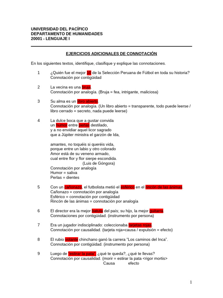 (SOL.) Ejercicios Adicionales de Connotación | PDF