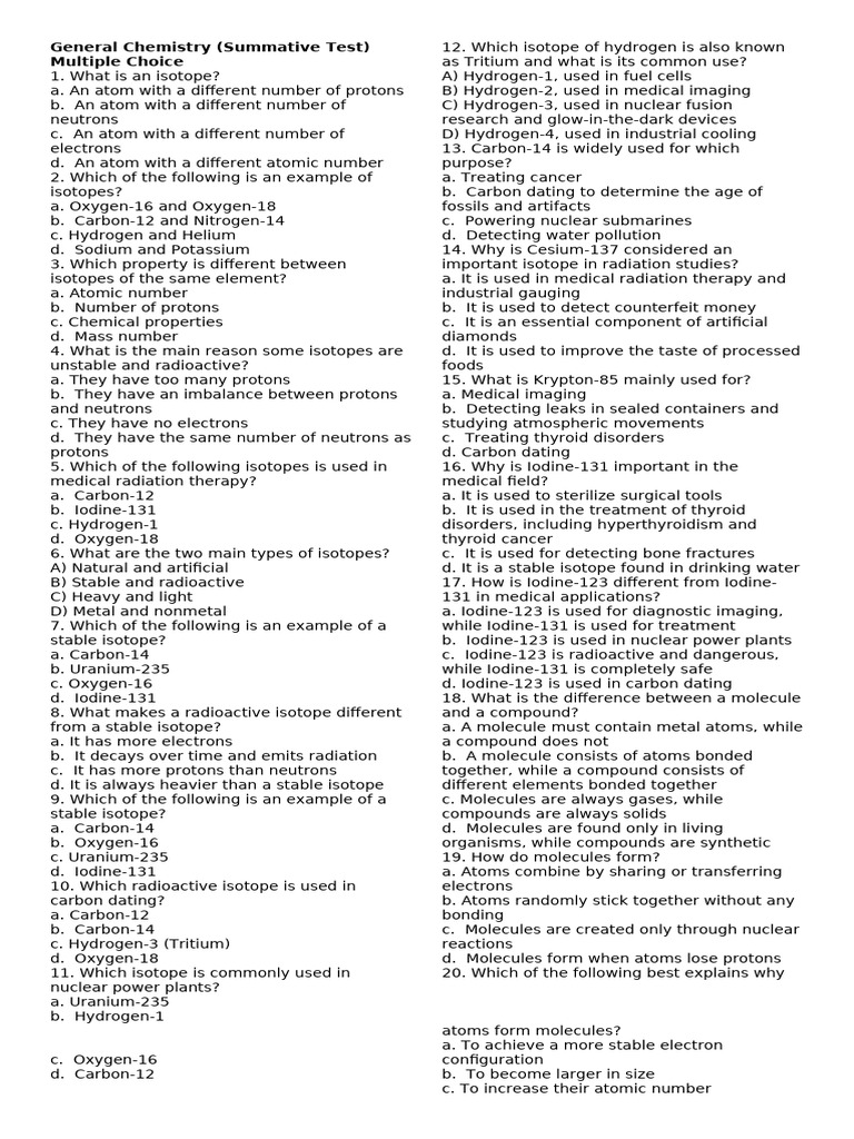 General Chemistry (Summative Test) | PDF | Ion | Molecules