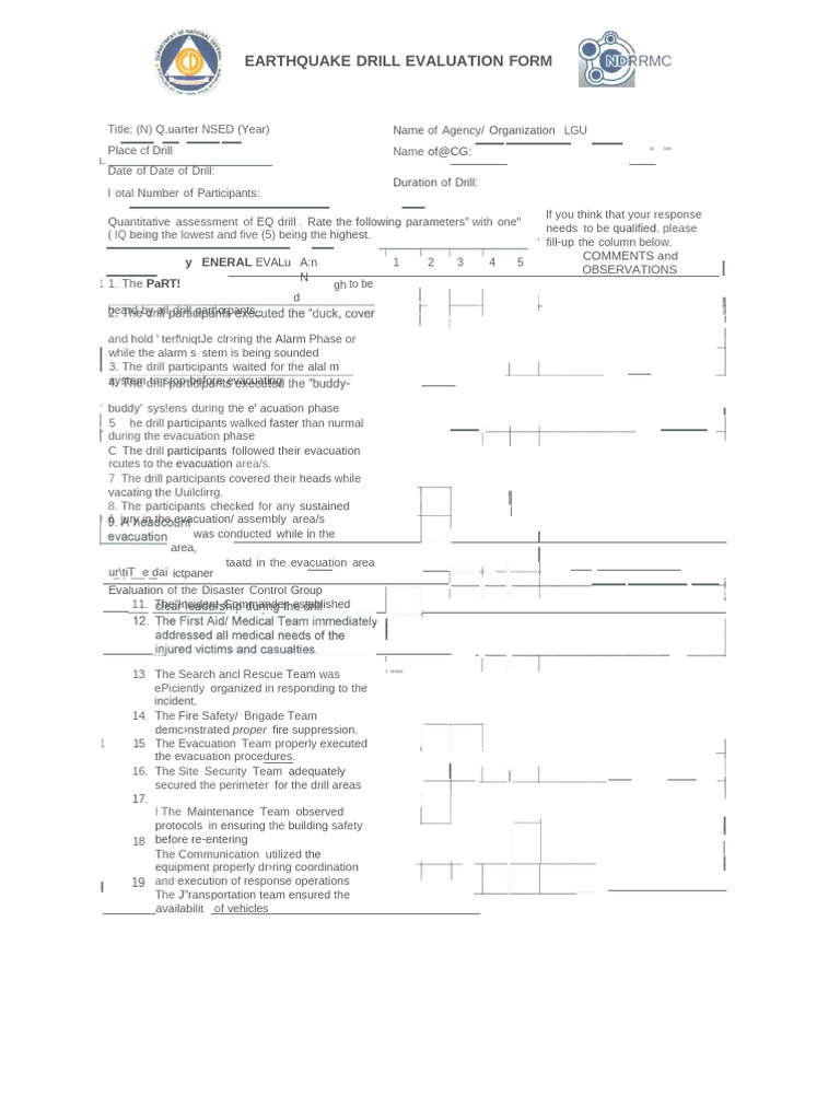 Earthquake Drill Evaluation Form Ocd | PDF | Safety