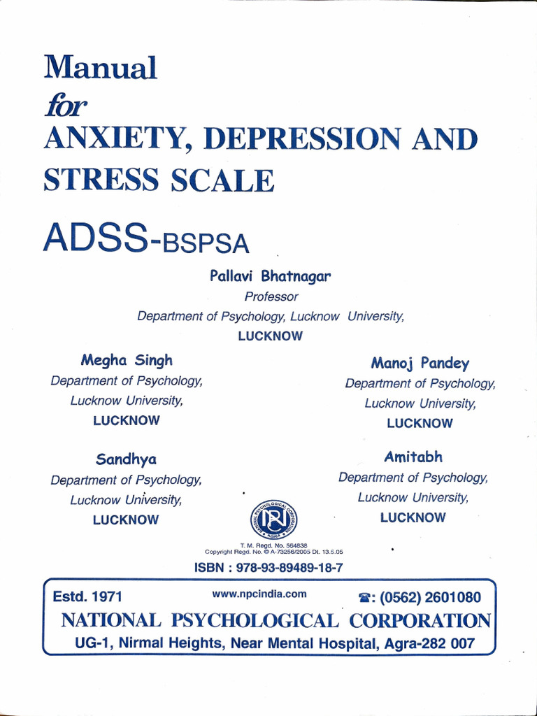 Anxiety, Depression and Stress Scale Manual | PDF | Cronbach's Alpha ...
