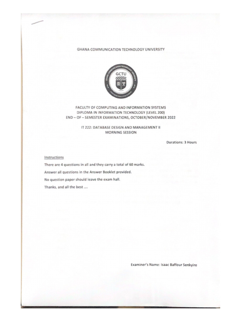 It 222 - Database Design and Management II | PDF