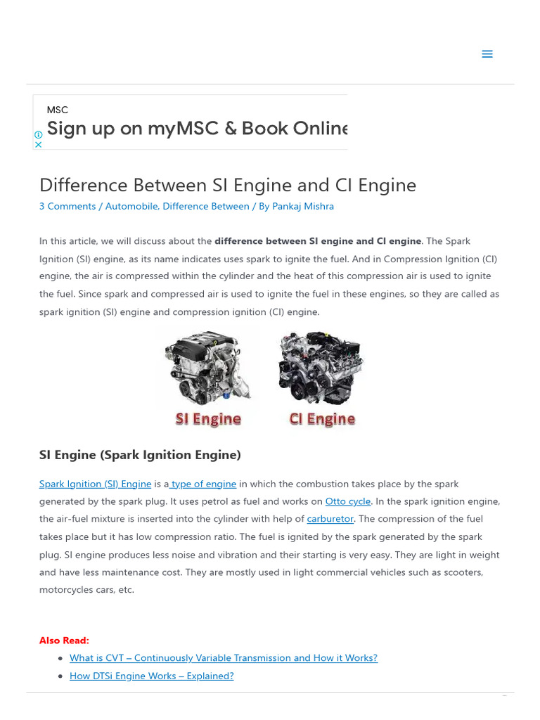 SI vs CI Engine Explained | PDF | Internal Combustion Engine | Diesel ...