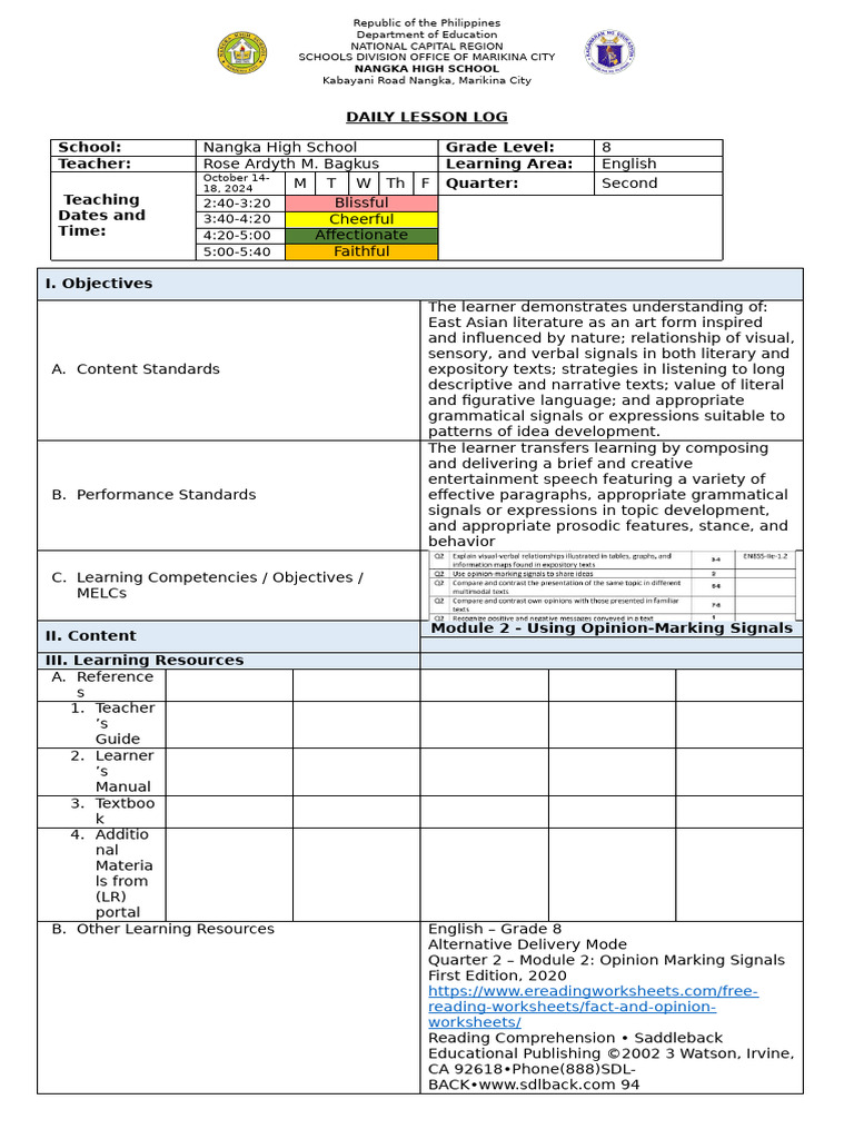 Module 2 - Using Opinion-Marking Signals | PDF | Learning | Reading ...
