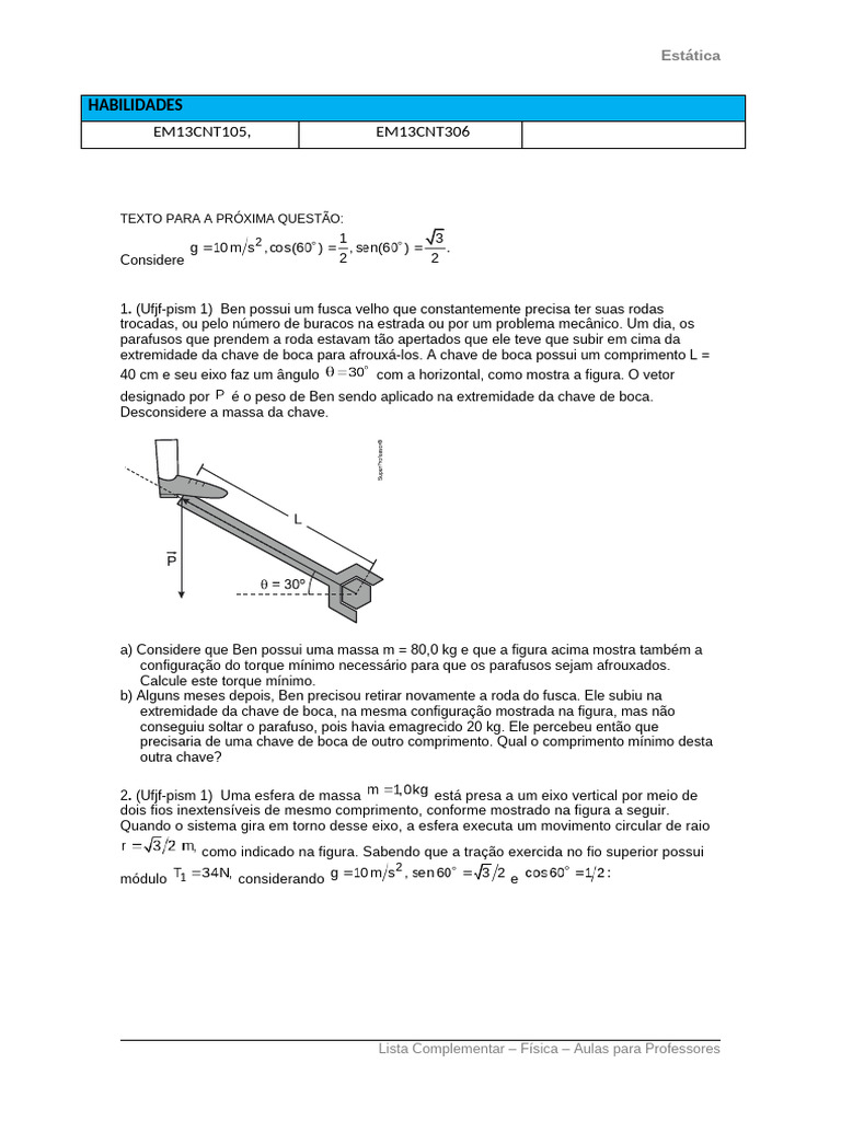 Lista Complementar Estatica | PDF | Torque | Massa