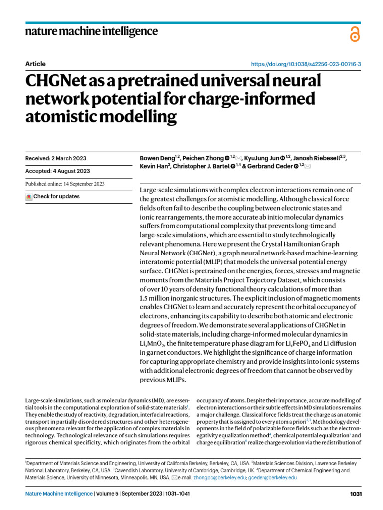 CHGNet As A Pretrained Universal Neural Network Potential For Charge-Informed Atomistic ...