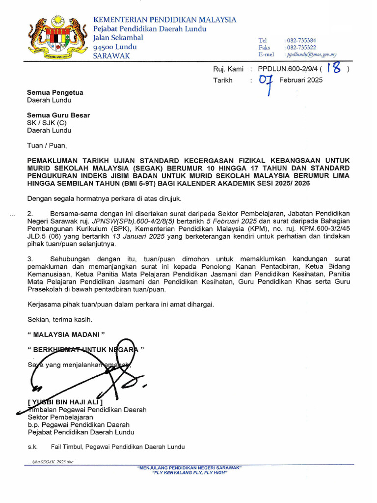 018-Pemakluman Tarikh Ujian SEGAK & BMI | PDF
