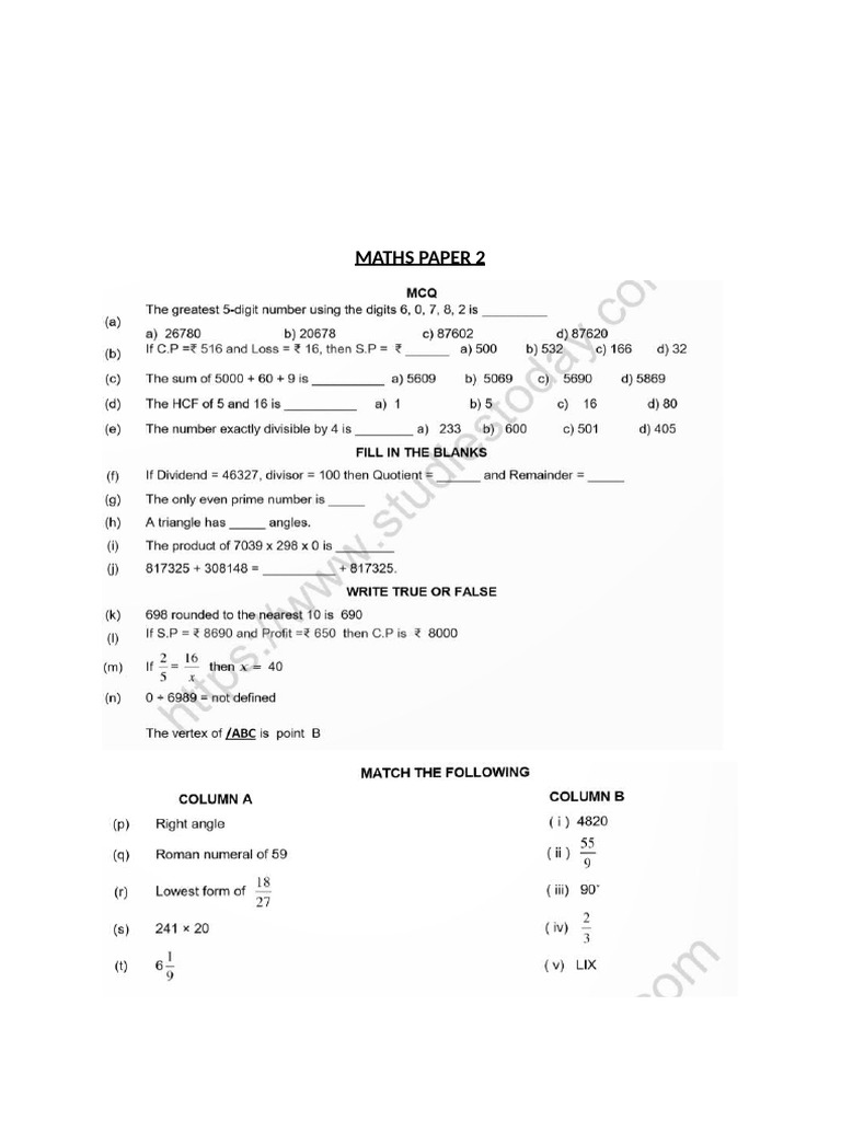 Maths Paper 2: Exam Questions and Solutions | PDF