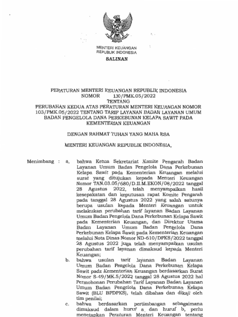 130 - PMK.05 - 2022 Perubahan Ke-2 PMK 103 - PMK.05 - 2022 TTG Tarif Dana Sawit | PDF